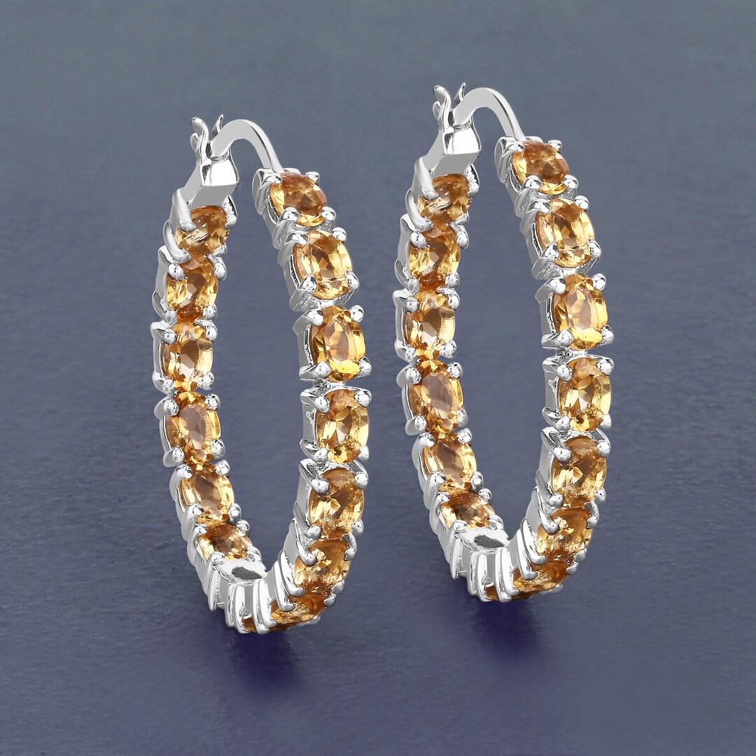 Citrine Earrings, Genuine Citrine Hoop Silver Earrings for Women ...
