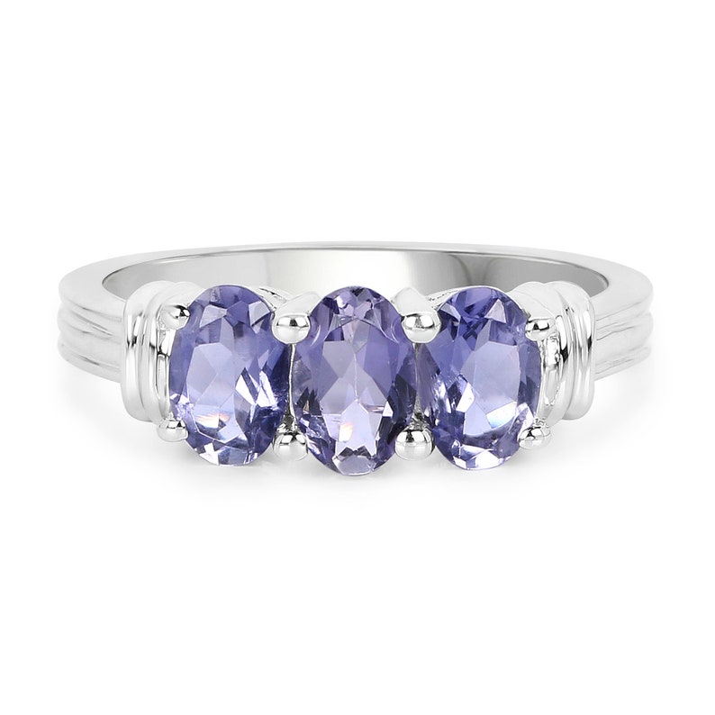 Iolite Silver Ring, Natural 3-stone Iolite Ring in 925 Sterling Silver ...