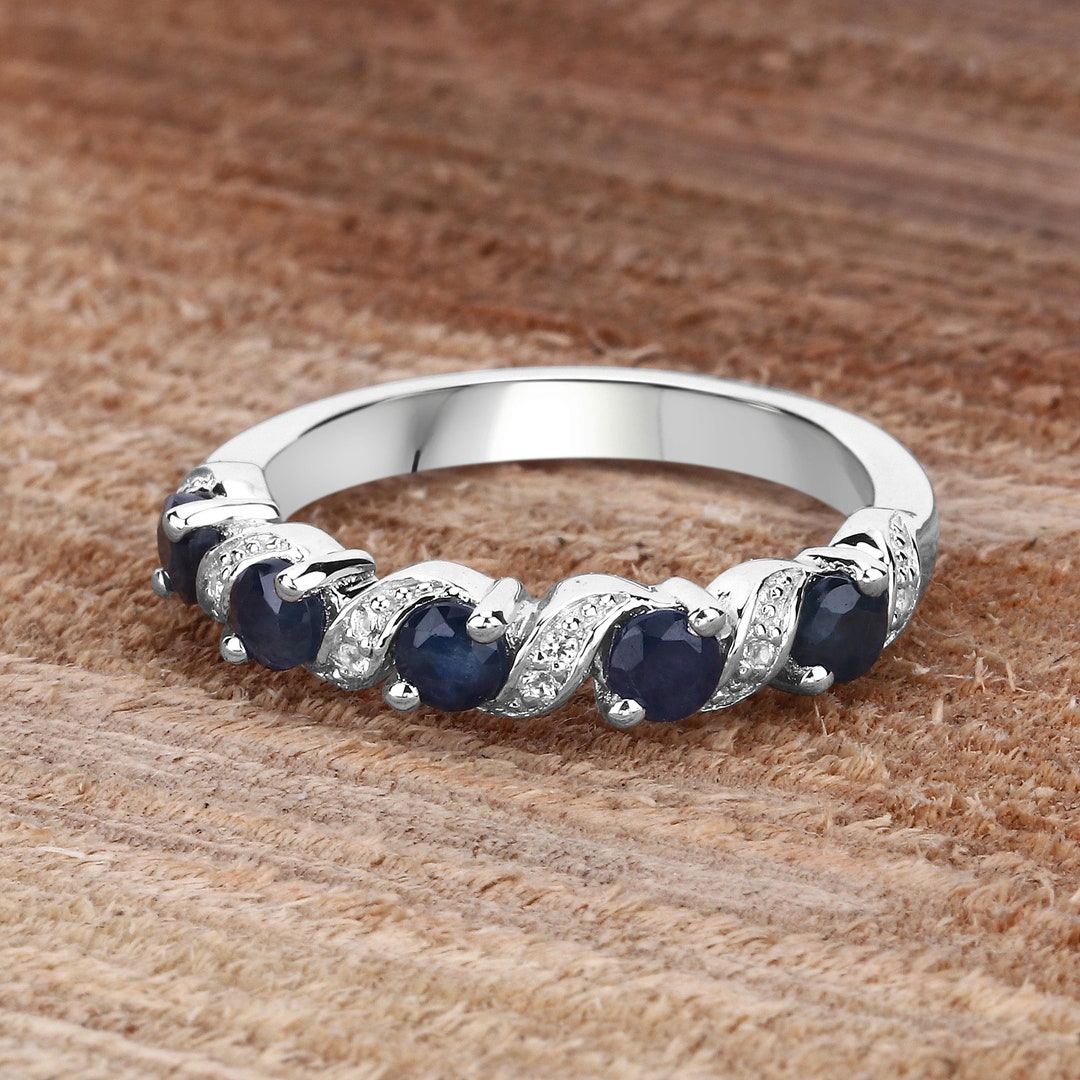 Blue Sapphire Ring, Natural Blue Sapphire 5-stone Sterling Silver Ring ...