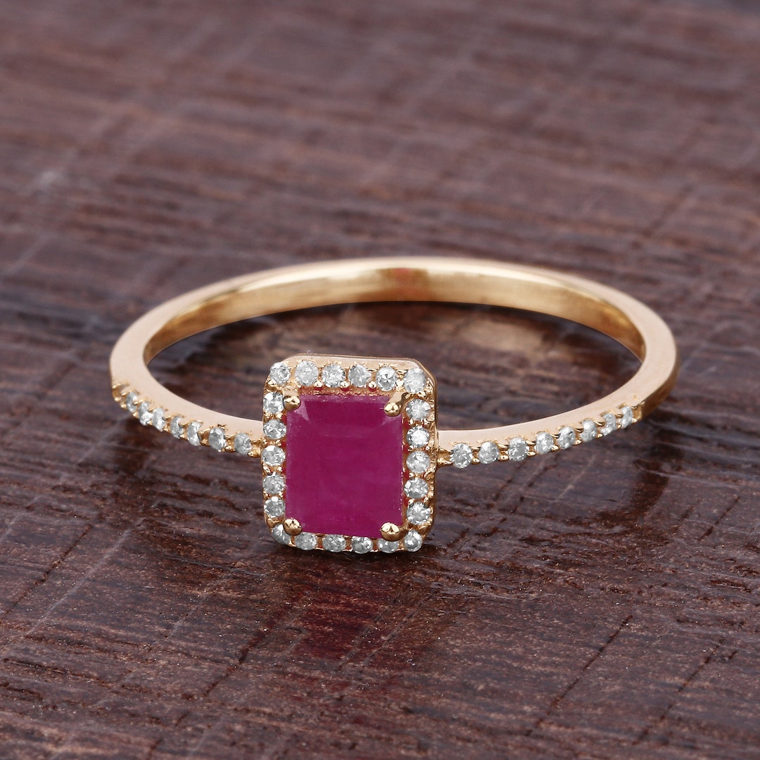 Genuine Natural Ruby Ring, 14K Yellow Gold Ruby and Diamond Birthstone ...