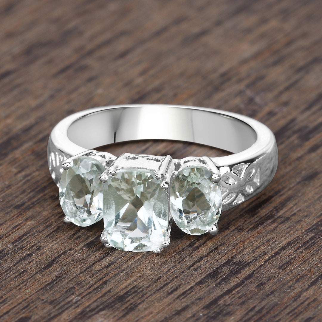 Prasiolite Ring, Natural Prasiolite 3 Stone Ring, Prasiolite Emerald ...