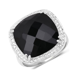 Black Onyx Silver Ring, Bold Black Onyx Square Cushion Halo Ring, 925 ...