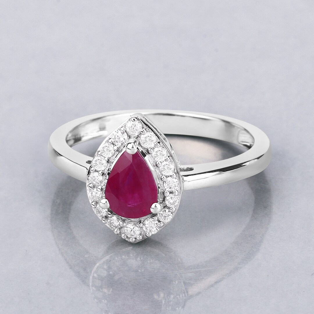14K Gold Ruby Ring, Genuine Ruby and Diamond Solid White Gold Ring for ...