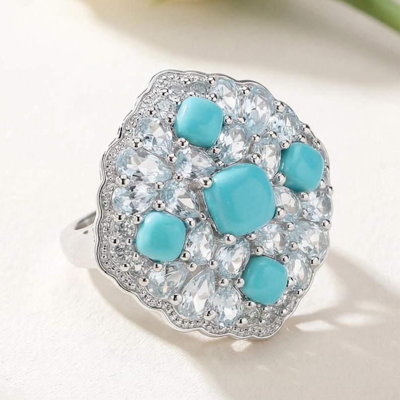 Natural Turquoise and Blue Topaz Cluster Ring | Cushion Cut Sterling ...