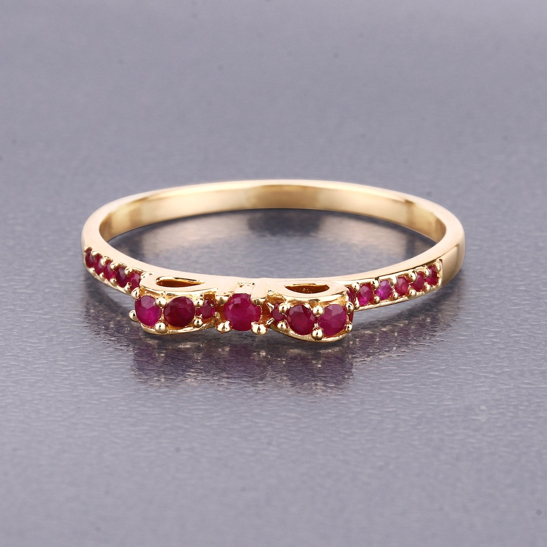 14K Gold Ruby Ring, Natural Ruby and Diamond Yellow Gold Ring, Minimalist Ring, Dainty Ruby Gold ...