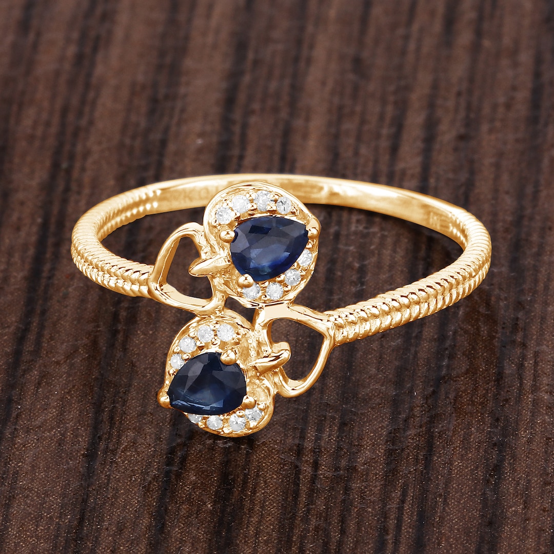 14K Gold Blue Sapphire Ring, Natural Blue Sapphire and Diamond Ring ...