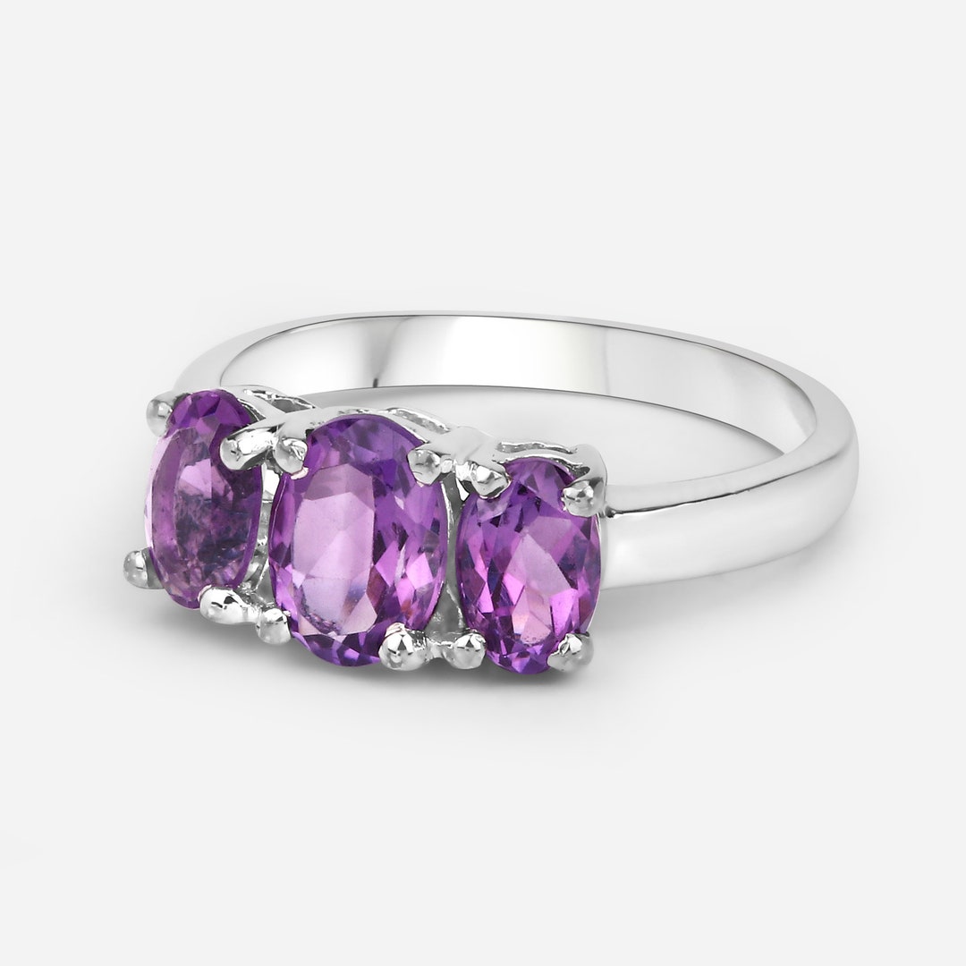Real Amethyst Ring / 3-stone Amethyst Silver Ring / Natural Amethyst ...