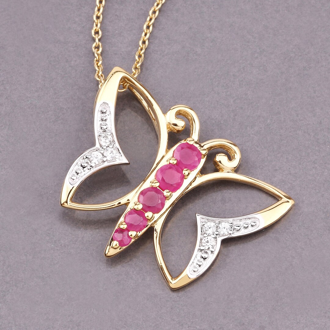 Ruby Pendant, Genuine Ruby 14K Yellow Gold Sterling Silver Butterfly ...