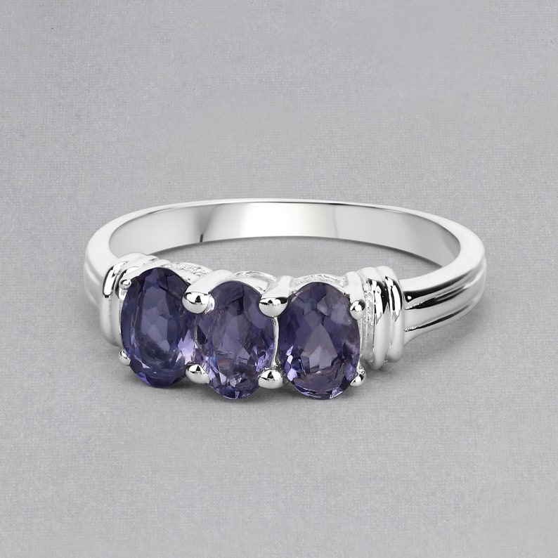 Iolite Silver Ring, Natural 3-stone Iolite Ring in 925 Sterling Silver ...