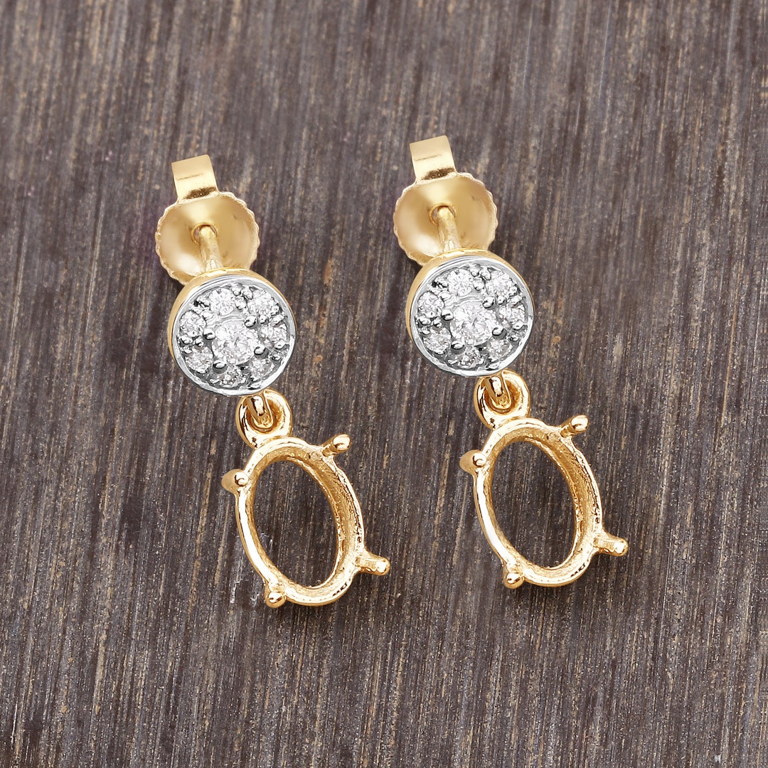 14k Gold Semi Mount Earring With Natural Diamonds, Customizable Gold ...