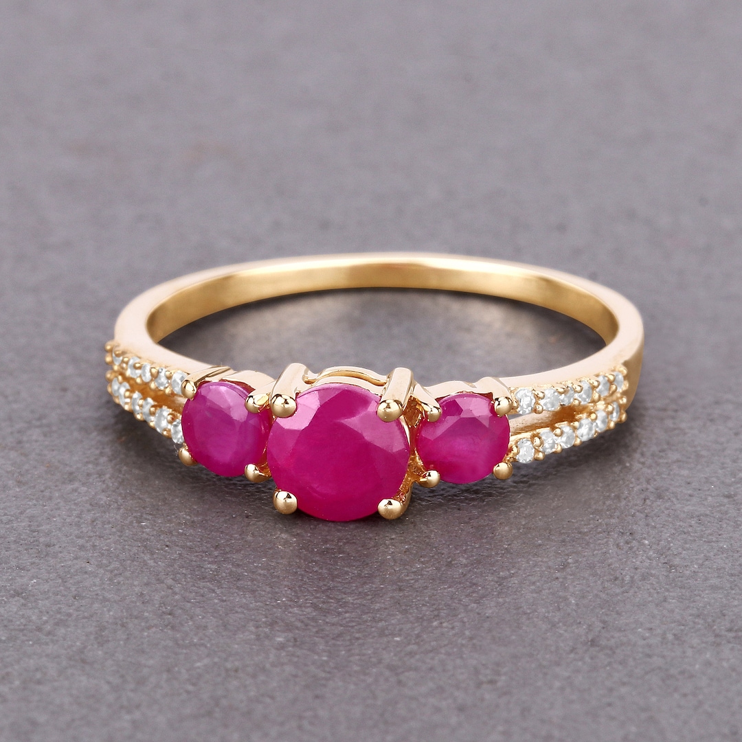 14K Gold Ruby Ring, Natural 3-stone Ruby Yellow Gold Ring for Women ...