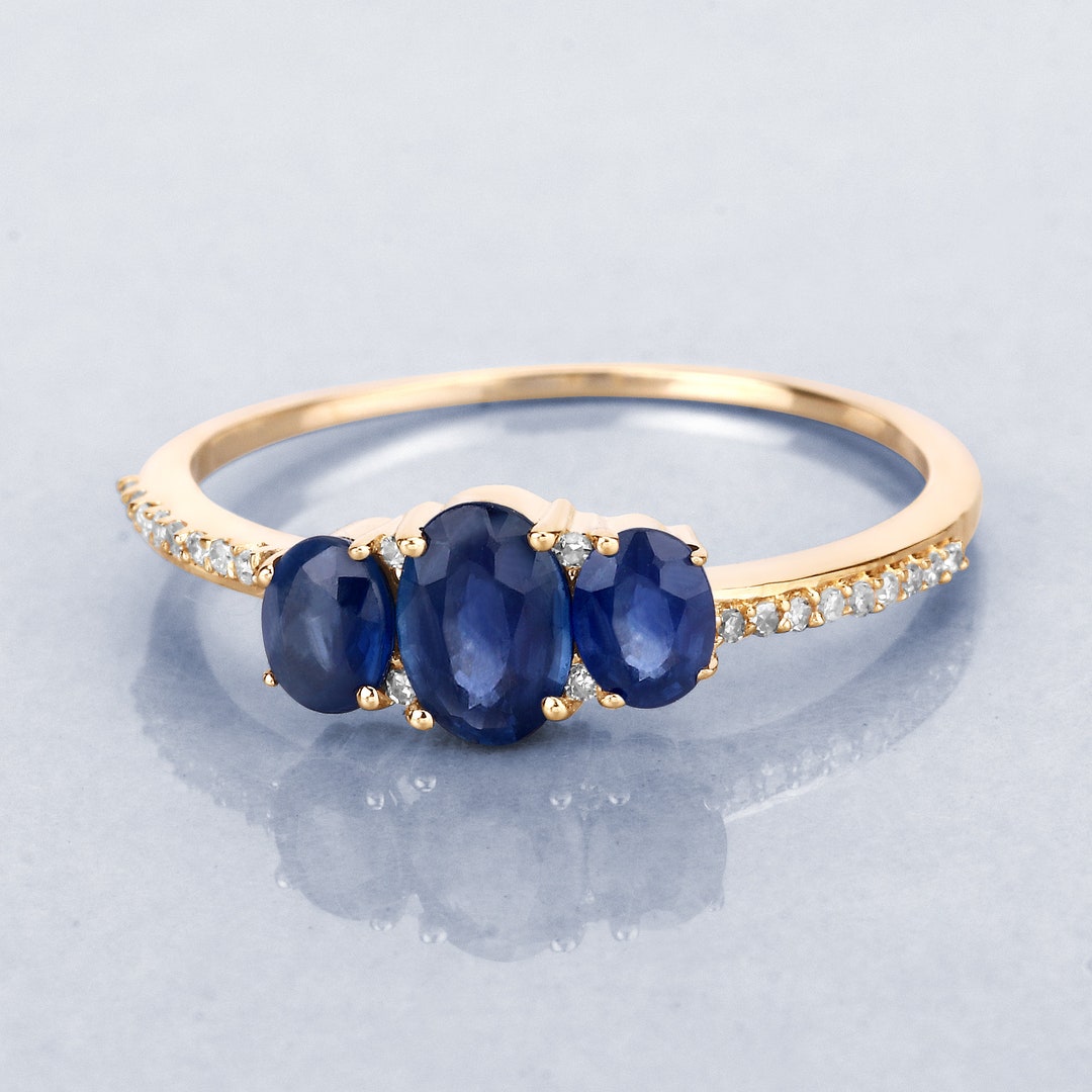 14K Gold Ring, Blue Sapphire, Blue Sapphire 3 Stone Ring, Genuine ...