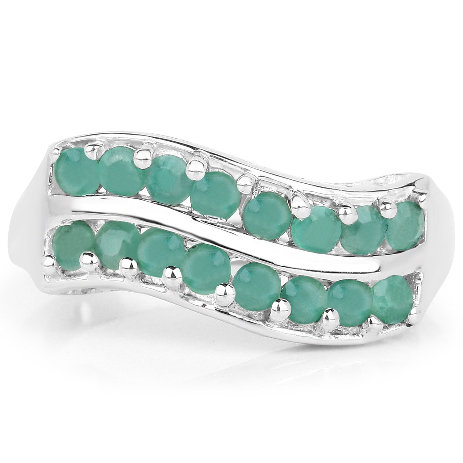 Emerald Silver Ring, Natural Emerald Gemstone Ring, Emerald Double Row ...