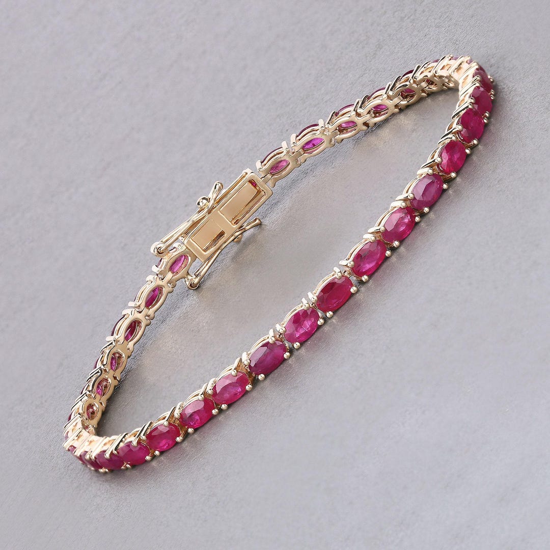 14k Gold Ruby Bracelet, Genuine Ruby Ovals Yellow Gold Bracelet for ...