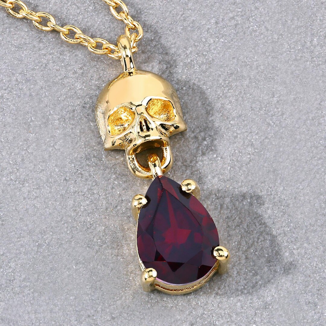 Garnet Skull Necklace, Gold Plated Silver Tear Drop Pendant, Gothic ...