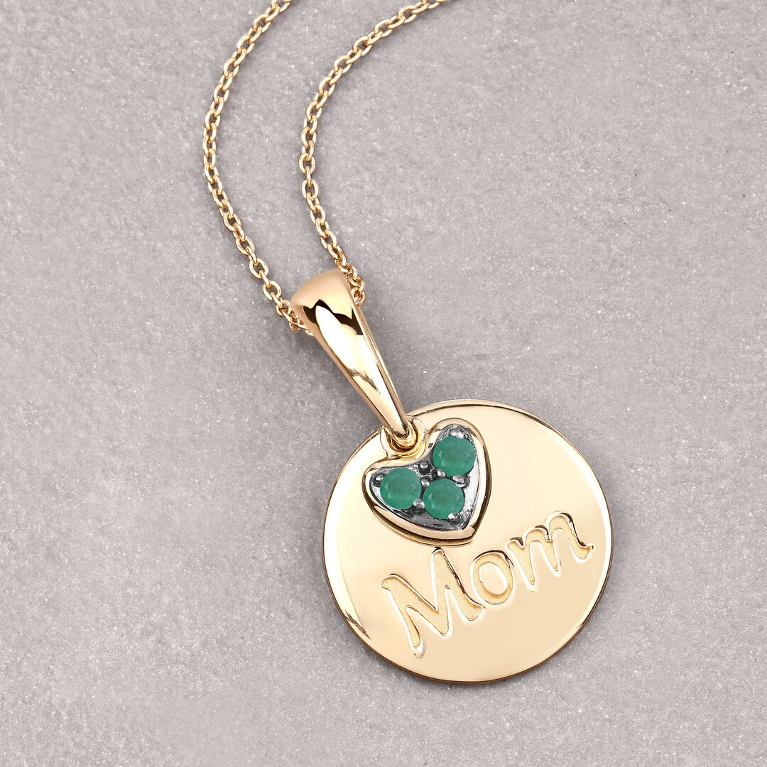Mom Pendant, Genuine Emerald 14K Gold Plated Sterling Silver Dangling ...