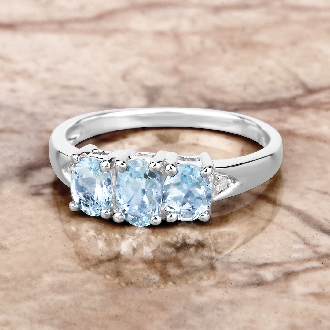 Aquamarine Ring, Classic Genuine 3-stone Aquamarine Sterling Silver ...