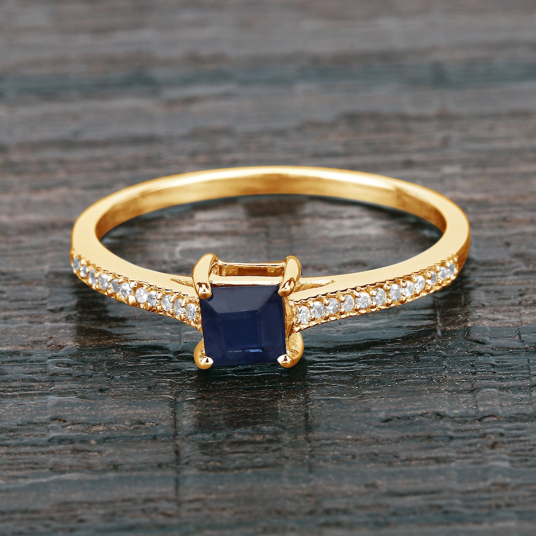 14K Gold Blue Sapphire Ring, Natural Blue Sapphire and Diamond Ring ...