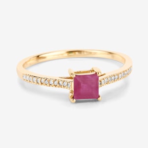 14K Gold Ruby Ring, Natural Ruby and Diamond Yellow Gold Ring, Minimalist Ring, Dainty Ruby Gold ...