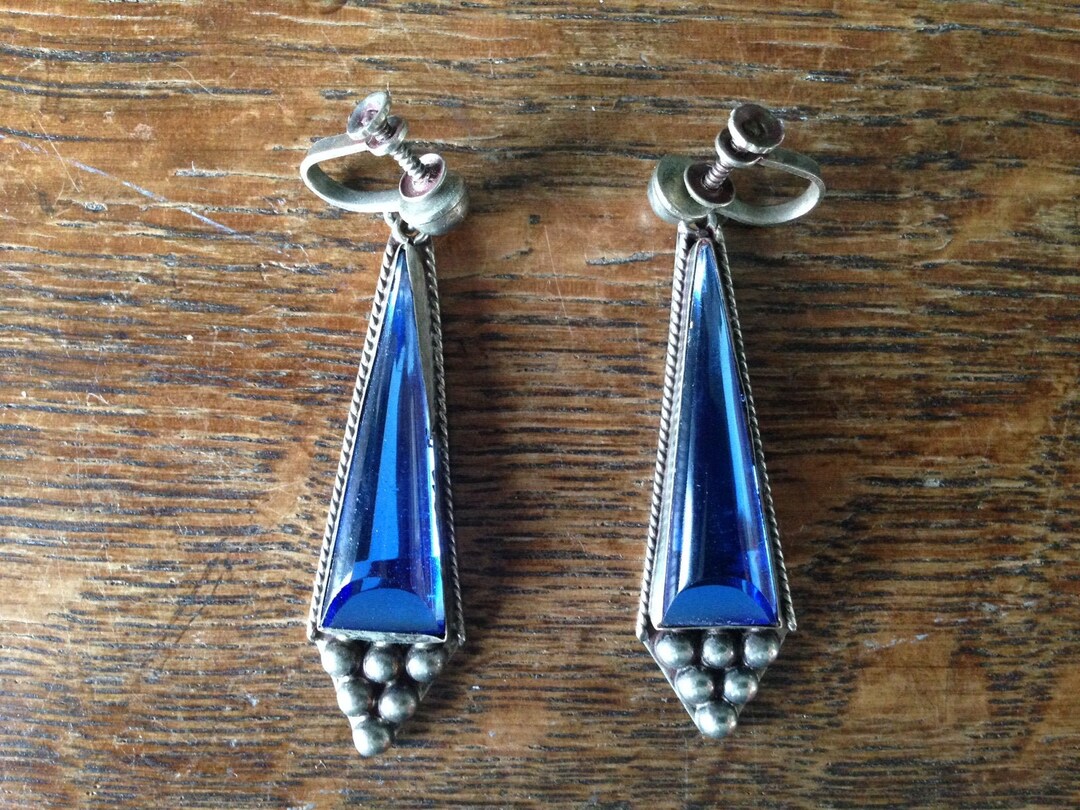 Vintage EARRINGS SILVER and BLUE 50's Dangle Screw On - Etsy