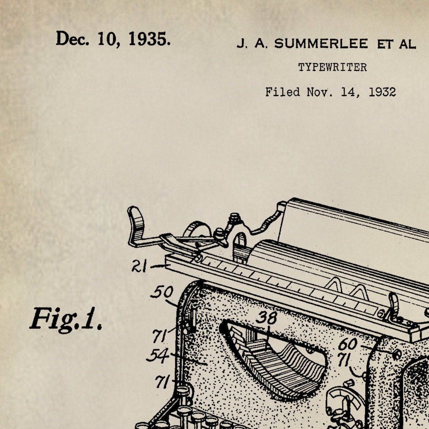 Typewriter Patent Vintage Typewriter Patent Patent Art | Etsy