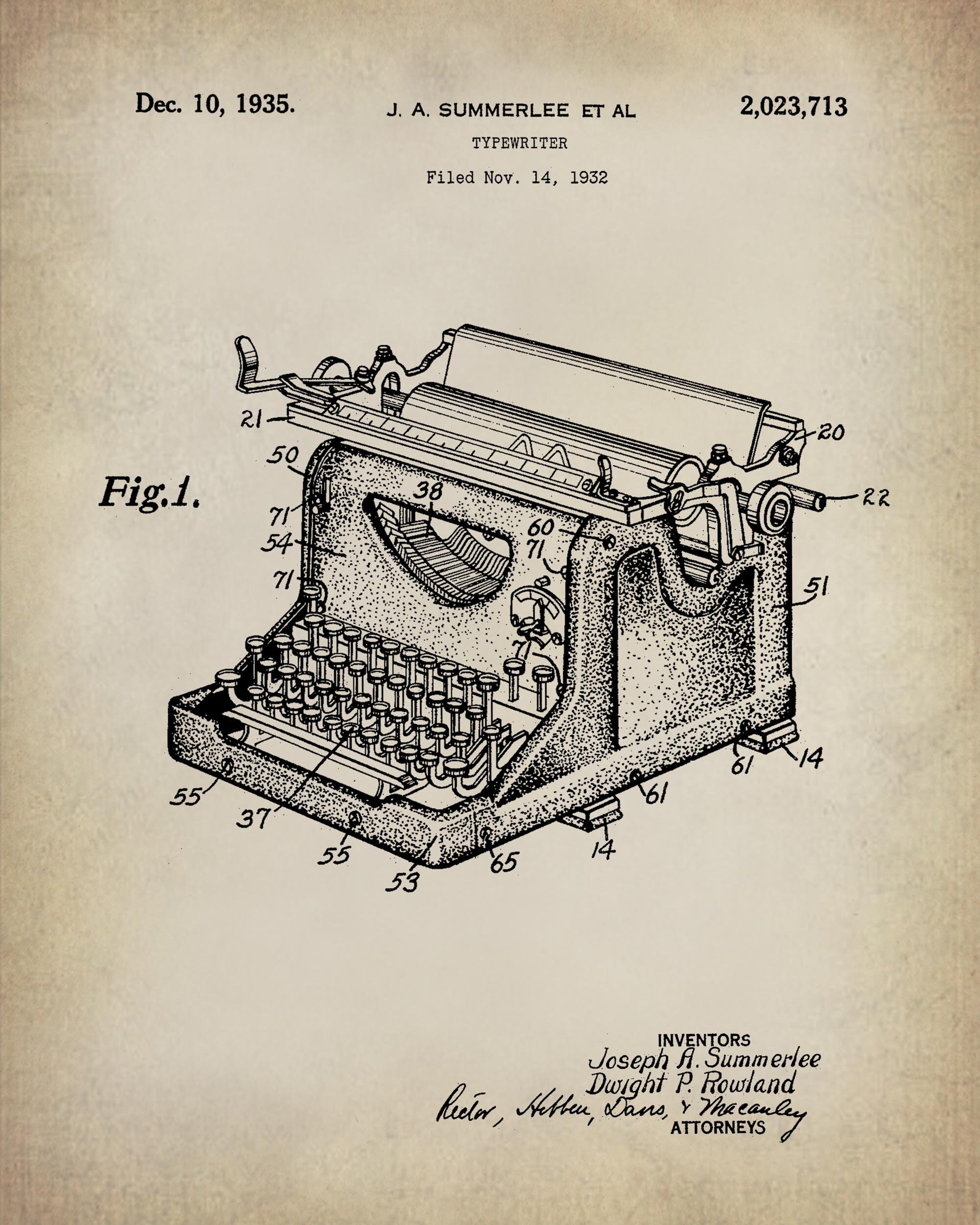 Typewriter Patent Vintage Typewriter Patent Patent Art | Etsy
