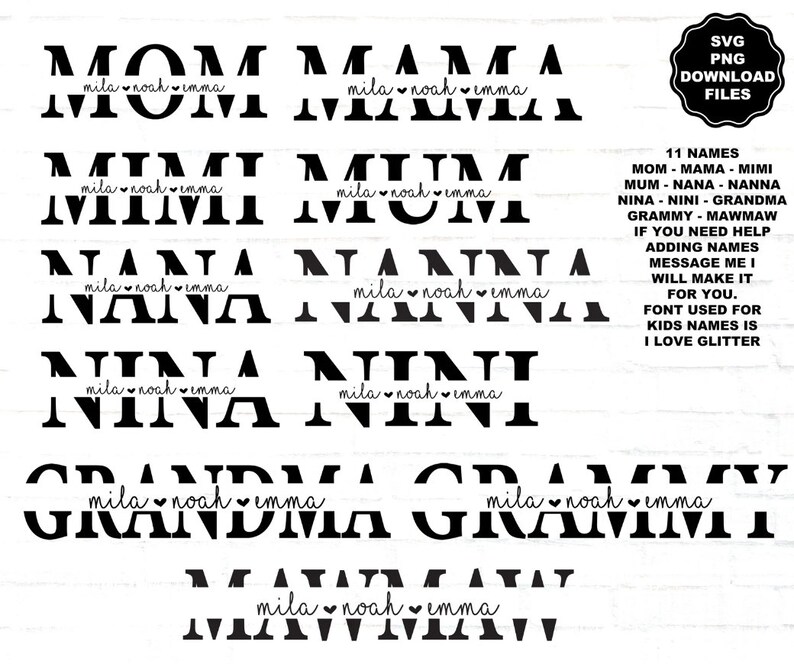 Mom Split Monogram Svg, Add Kids Names, Mama, Nina, Mum, Mimi, Nana ...