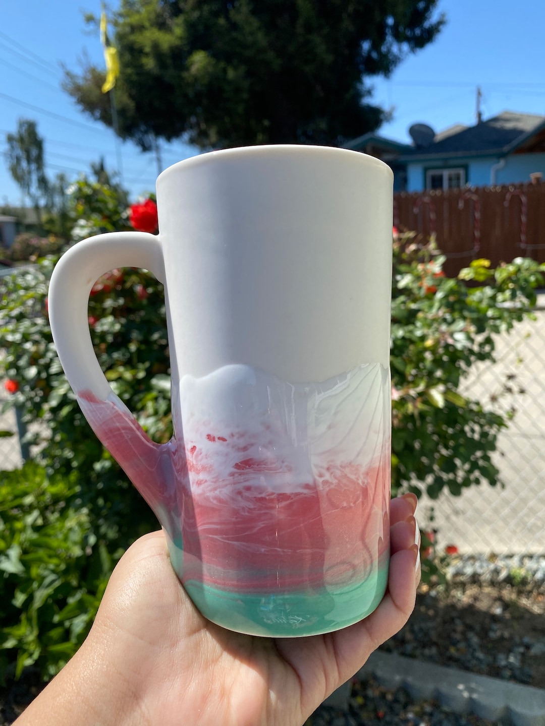 Pink and Teal Ceramic Mug With Handle - Etsy