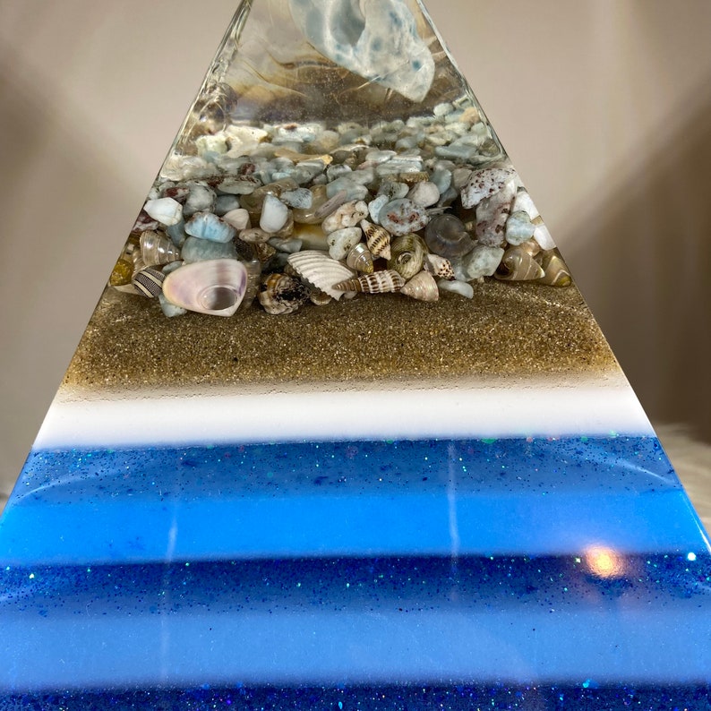 Larimar Mermaid Stone Beach Pyramid With Seashells and Sand - Etsy