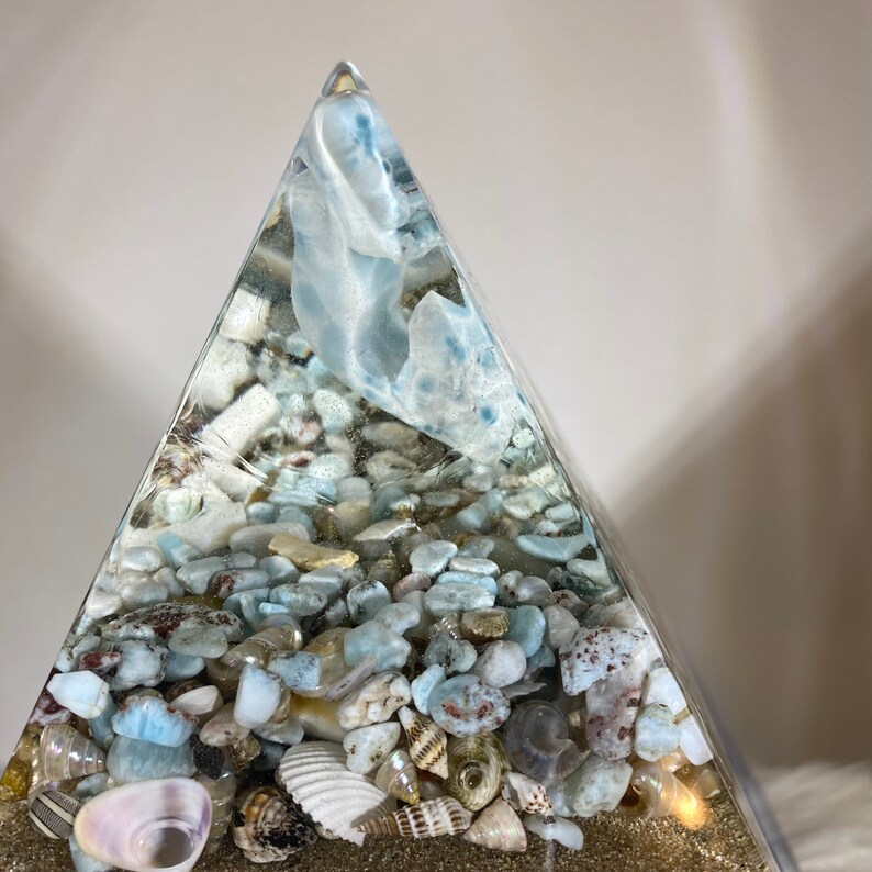 Larimar Mermaid Stone Beach Pyramid With Seashells and Sand - Etsy