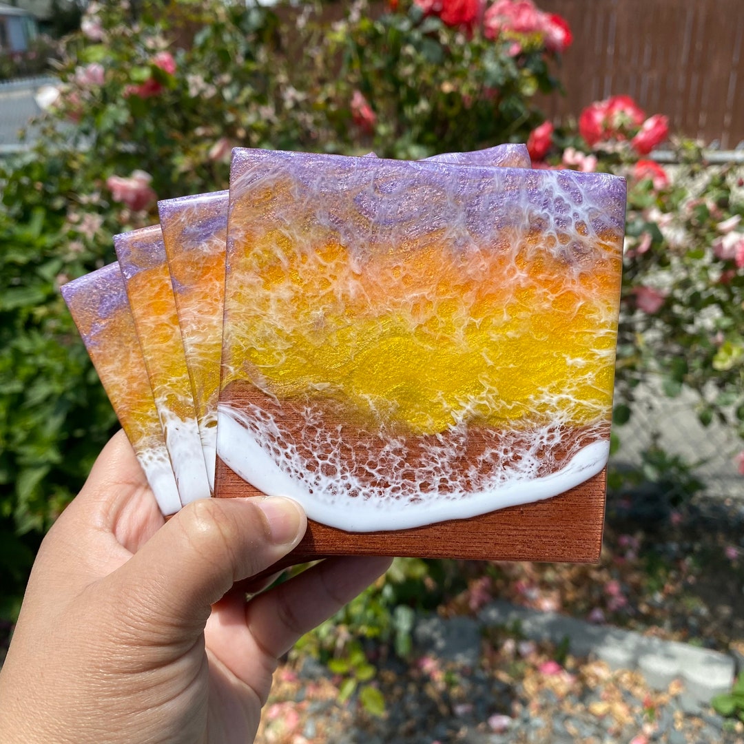 Set of 4 Pastel Sunset Square Dark Wooden Coasters - Etsy