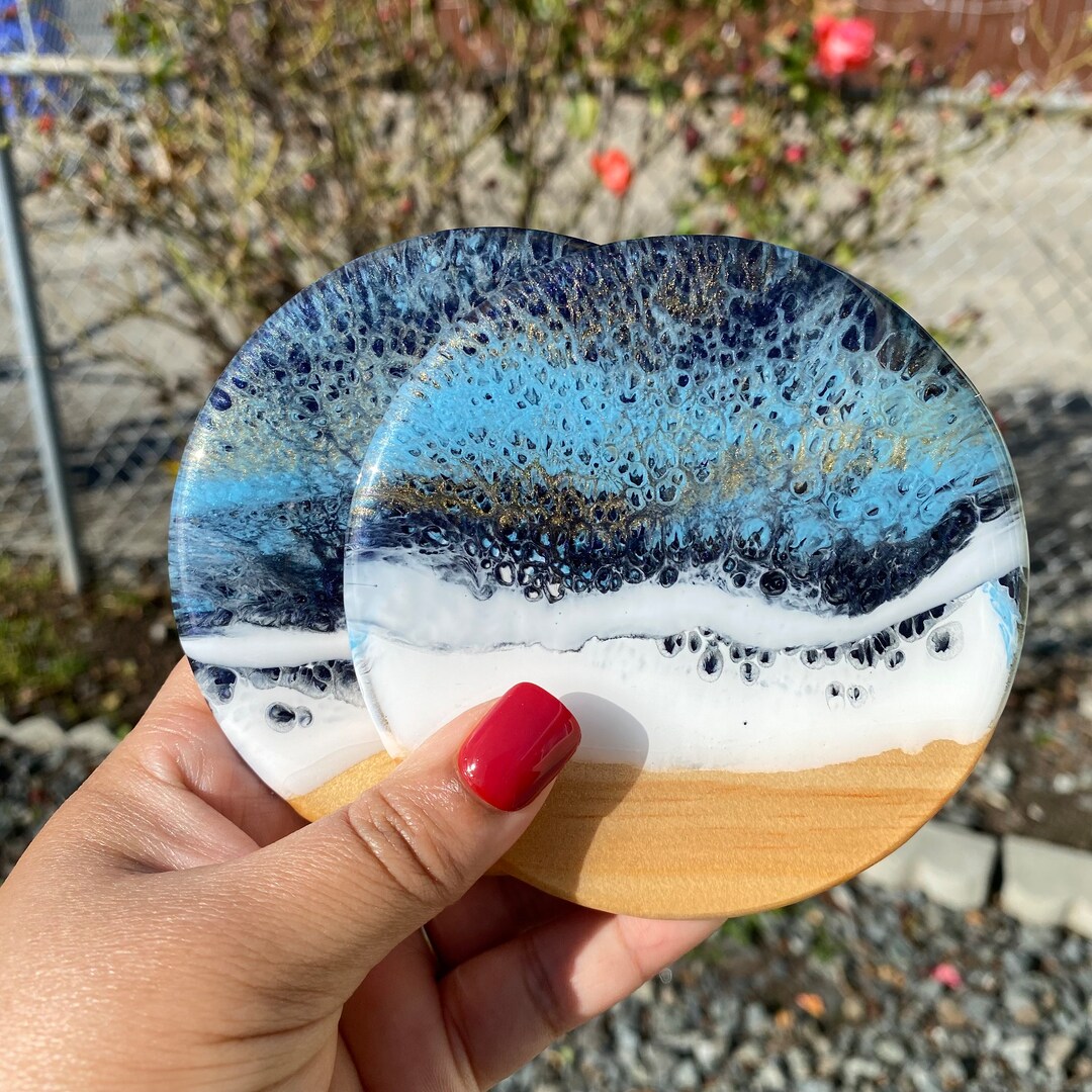 Set of 2 Golden Beach Themed Round Coasters - Etsy