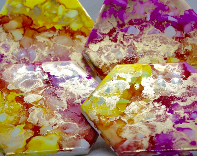 Set of 4 Coasters Red Hexagon Coasters Orange Coasters - Etsy