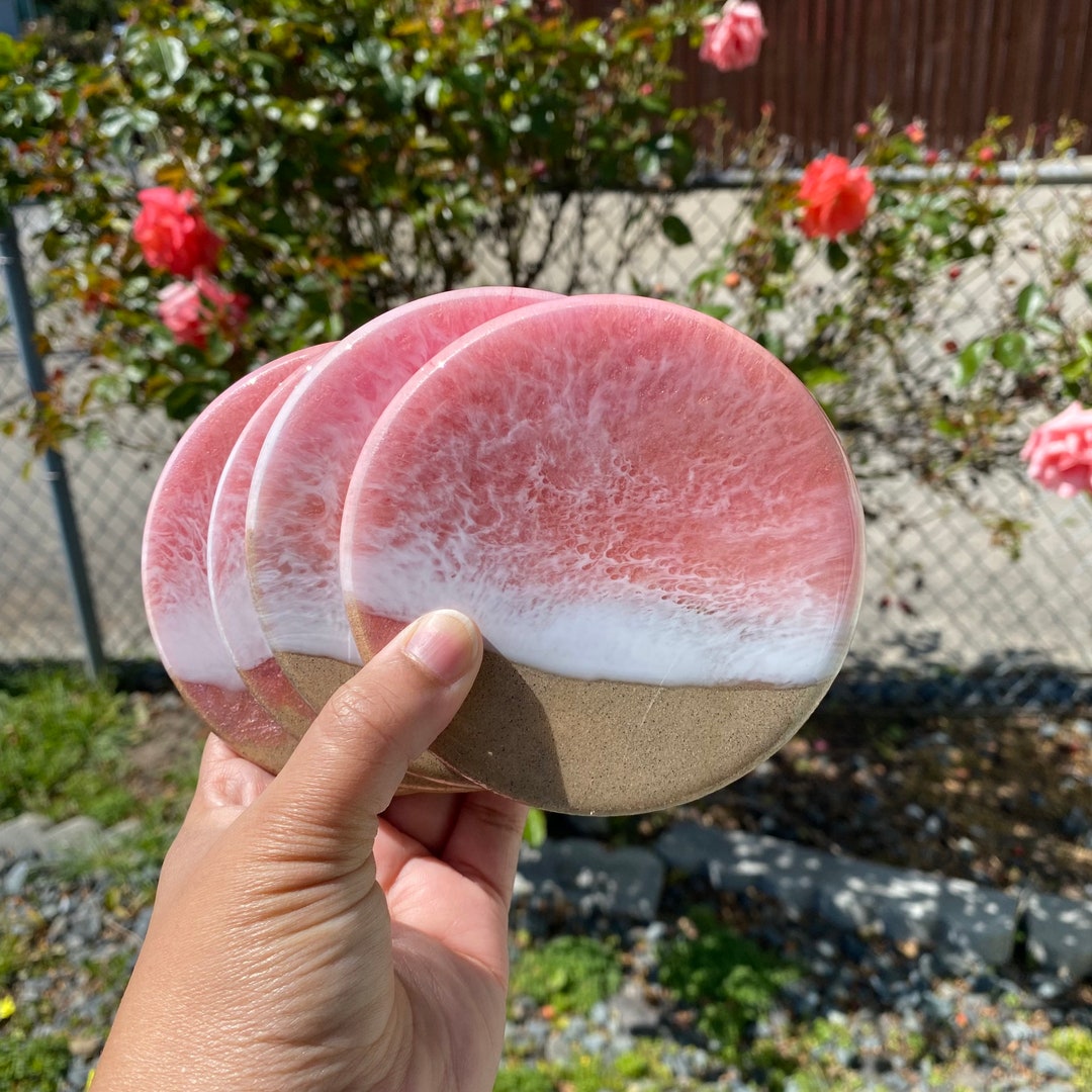 Set of 4 Pink Round Wooden Coasters - Etsy