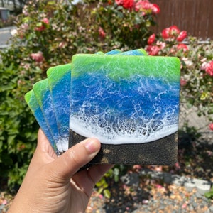 Set of 4 Green, Teal and Blue Square Wooden Coasters - Etsy