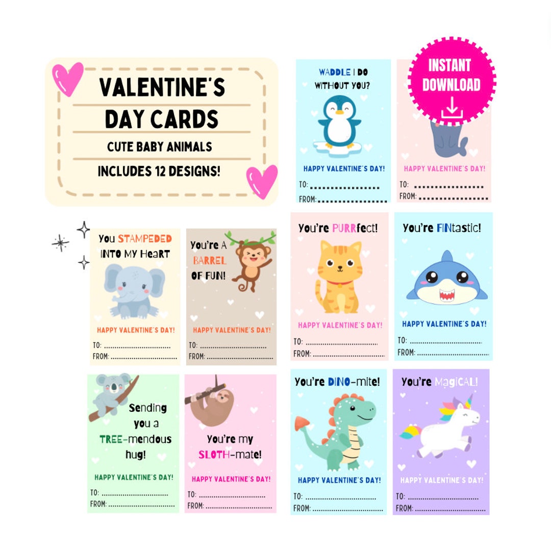 12 Adorable Baby Animal Printable Kids Valentine's Day Cards ...