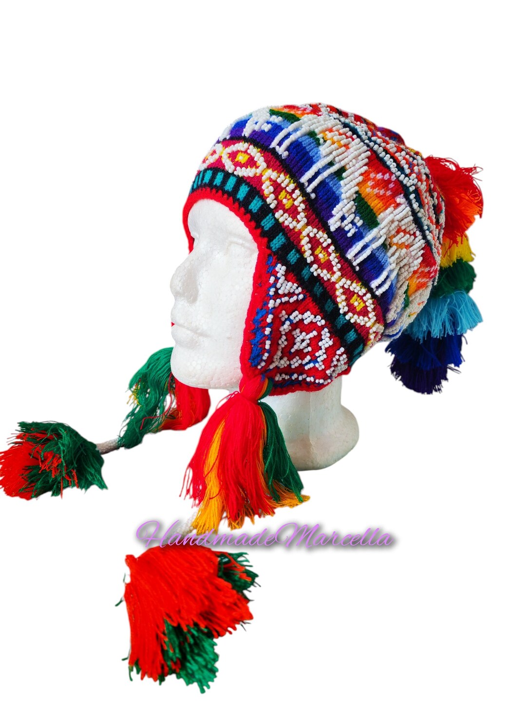 Hand Knit Andean Chullo Hat, Adult Unisex With Pom Poms and Beaded ...