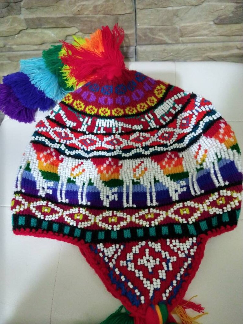 Peruvian Hat, Peruvian Hat Knitted by Hand, Knit Chullo, Pom Pom Hat ...