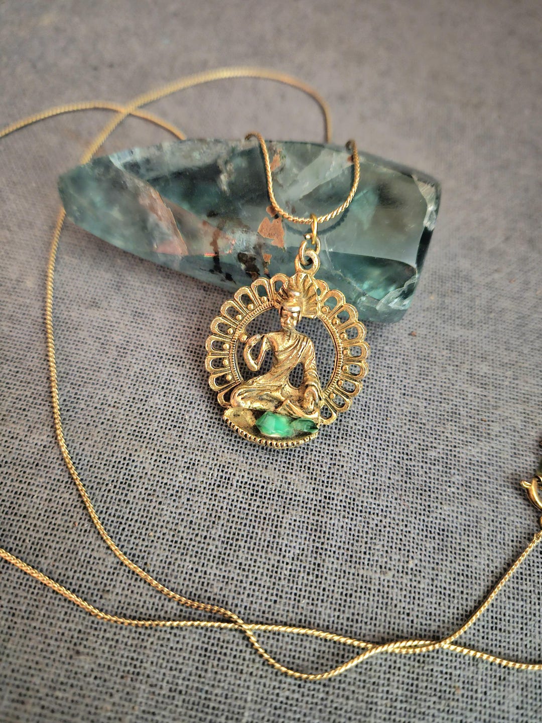 Hindu Themed Nephrite Gold Tone W Stones Pendant on Gold Tone Chain ...