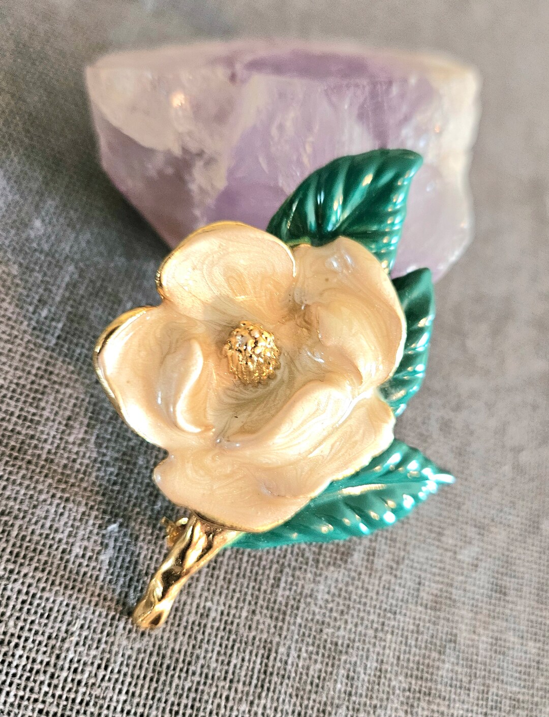 Mid-century Gold Tone Magnolia Flower Brooch Pin Enamel Green Cream ...