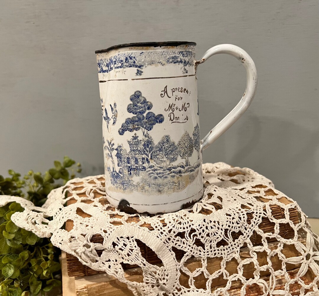 Enamelware Pitcher With Blue Willow Motif/small Creamer/syrup - Etsy