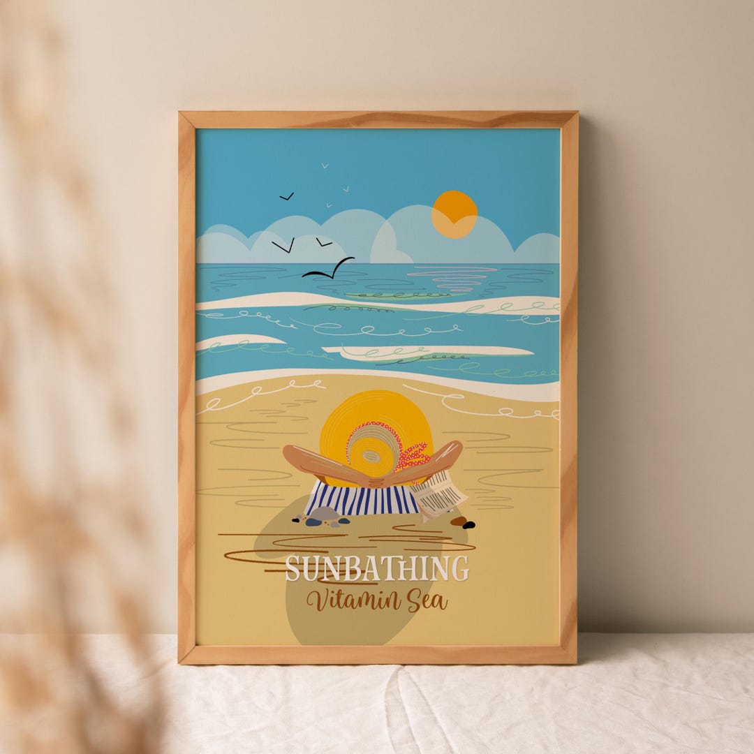 Sunbathing Print A4 Beach Wall Art Vitamin Sea Collection Coastal ...