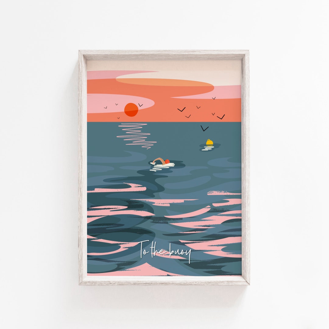 To the Buoy Sea Swimming Poster Print A4 and Mini Print A5 Wanderlust ...