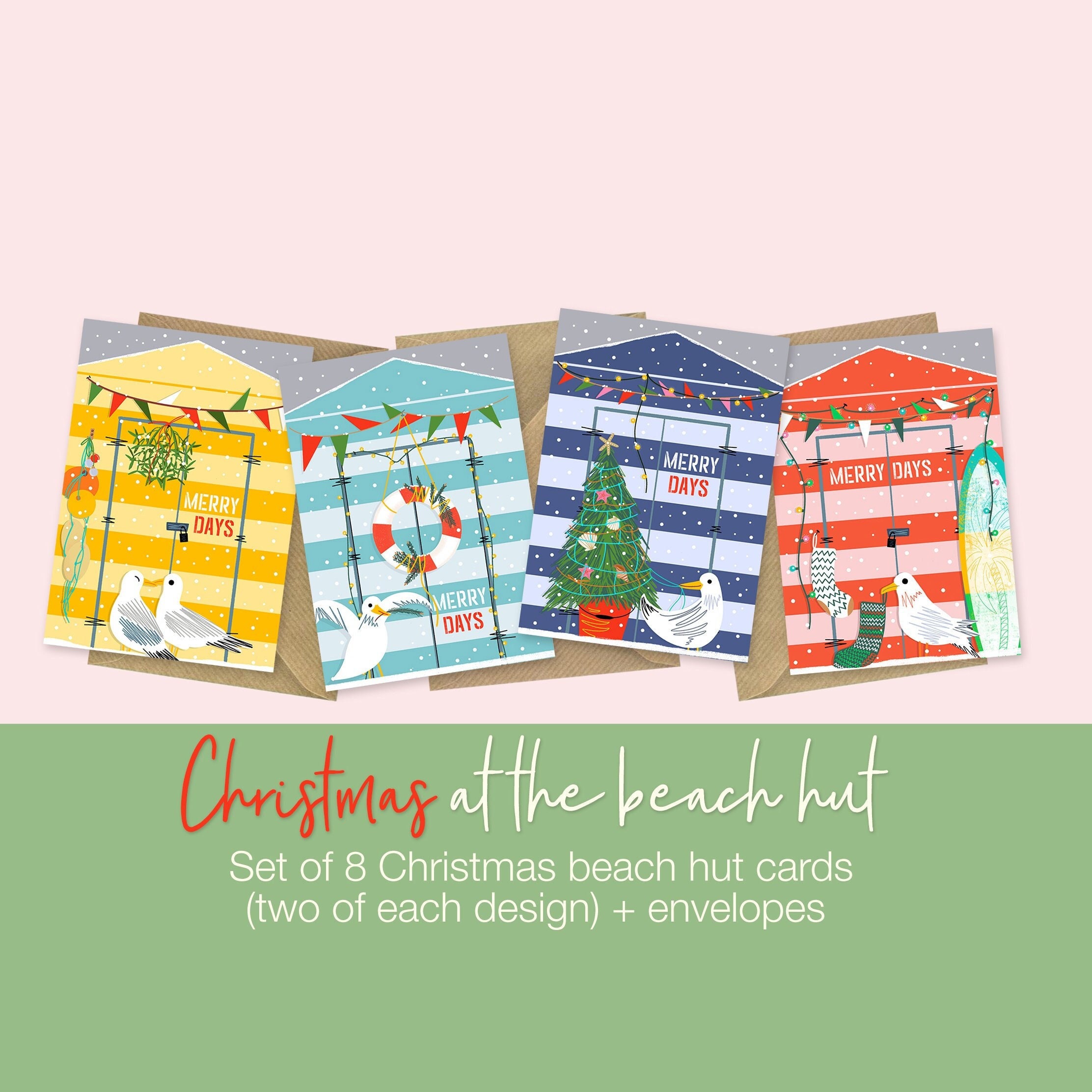 Christmas at the Beach Hut Set of 8 Coastal Christmas Cards Envelopes ...