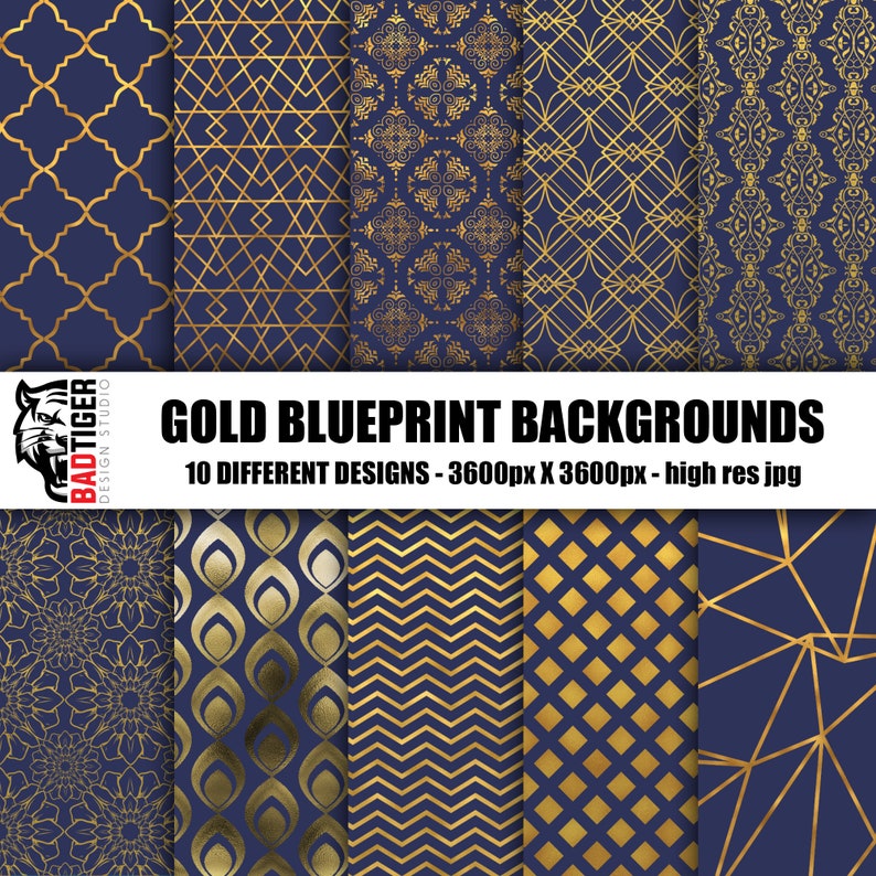 Navy Gold Digital Paper, Blueprint, Pattern Damask Texture, Gold ...
