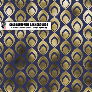 Navy Gold Digital Paper, Blueprint, Pattern Damask Texture, Gold ...