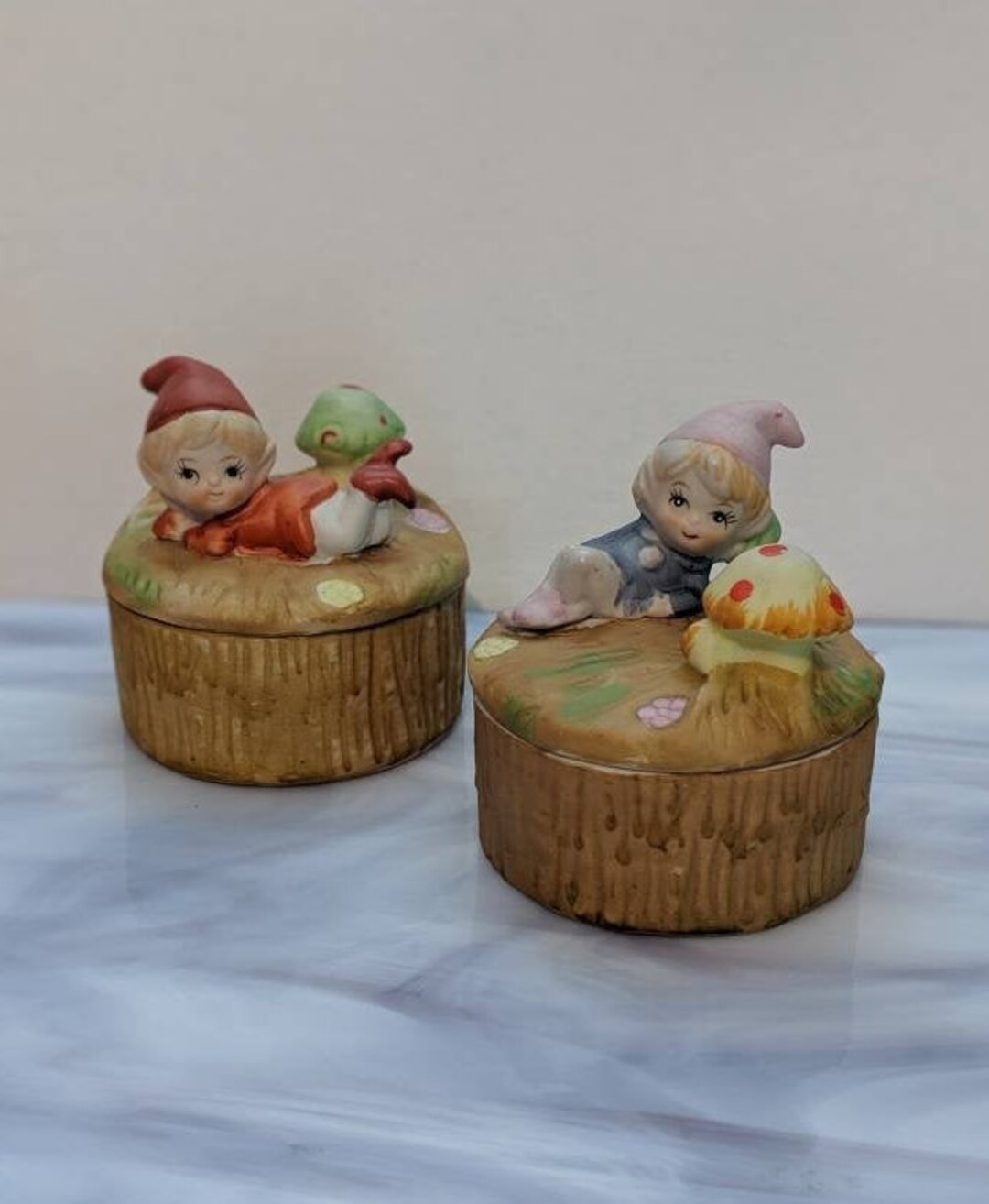 Set of 2 Vintage Homco Trinket Box Figurines,round Covered Box,garden ...