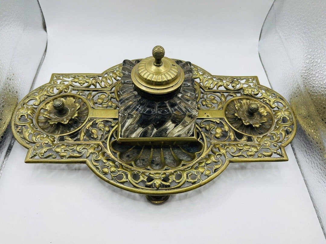 Reticulated Gilt Bronze Inkwell Antique Victorian With Center Swirl ...