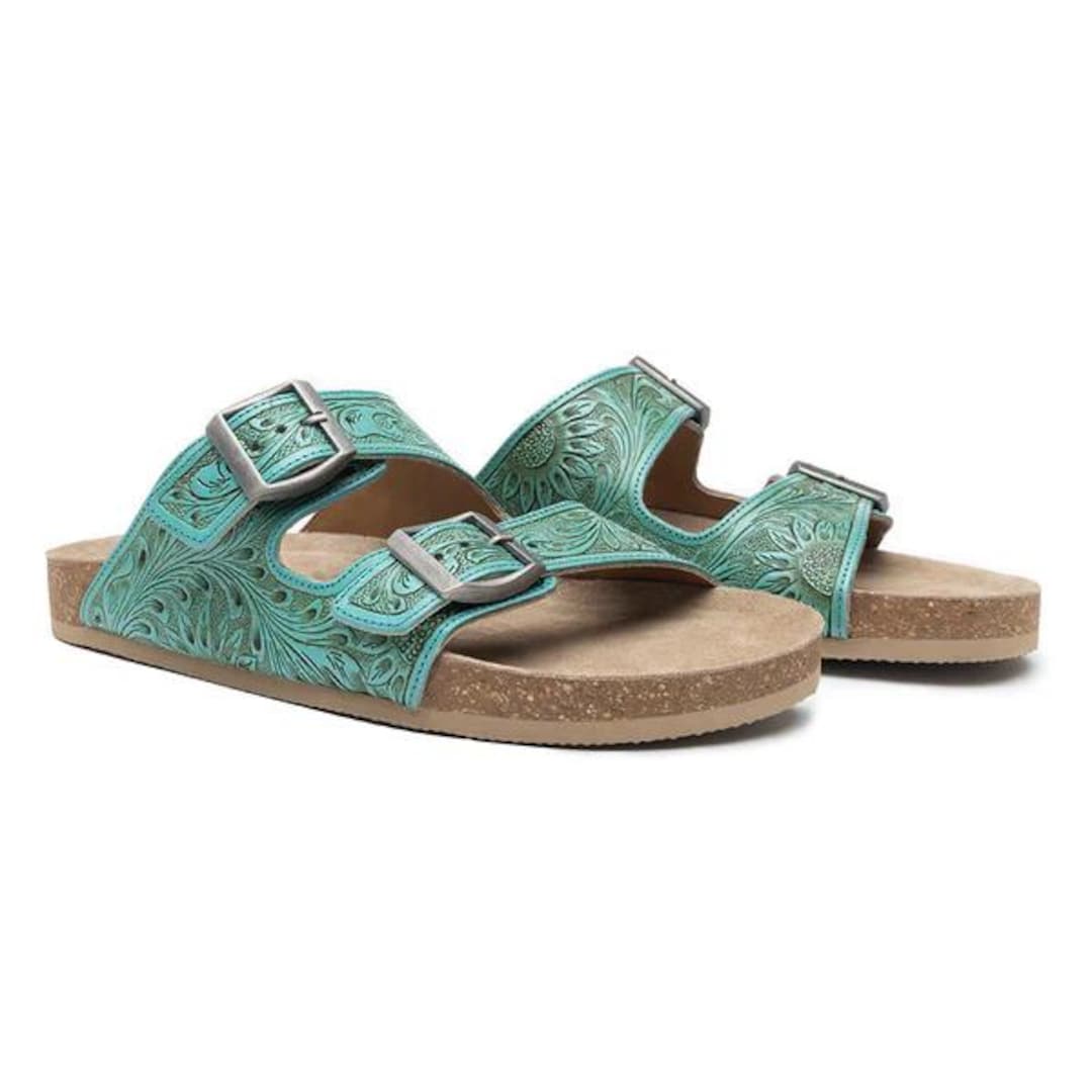Myra Hand-tooled Southwest Turquoise Leather "verdent Ranges" Sandals ...