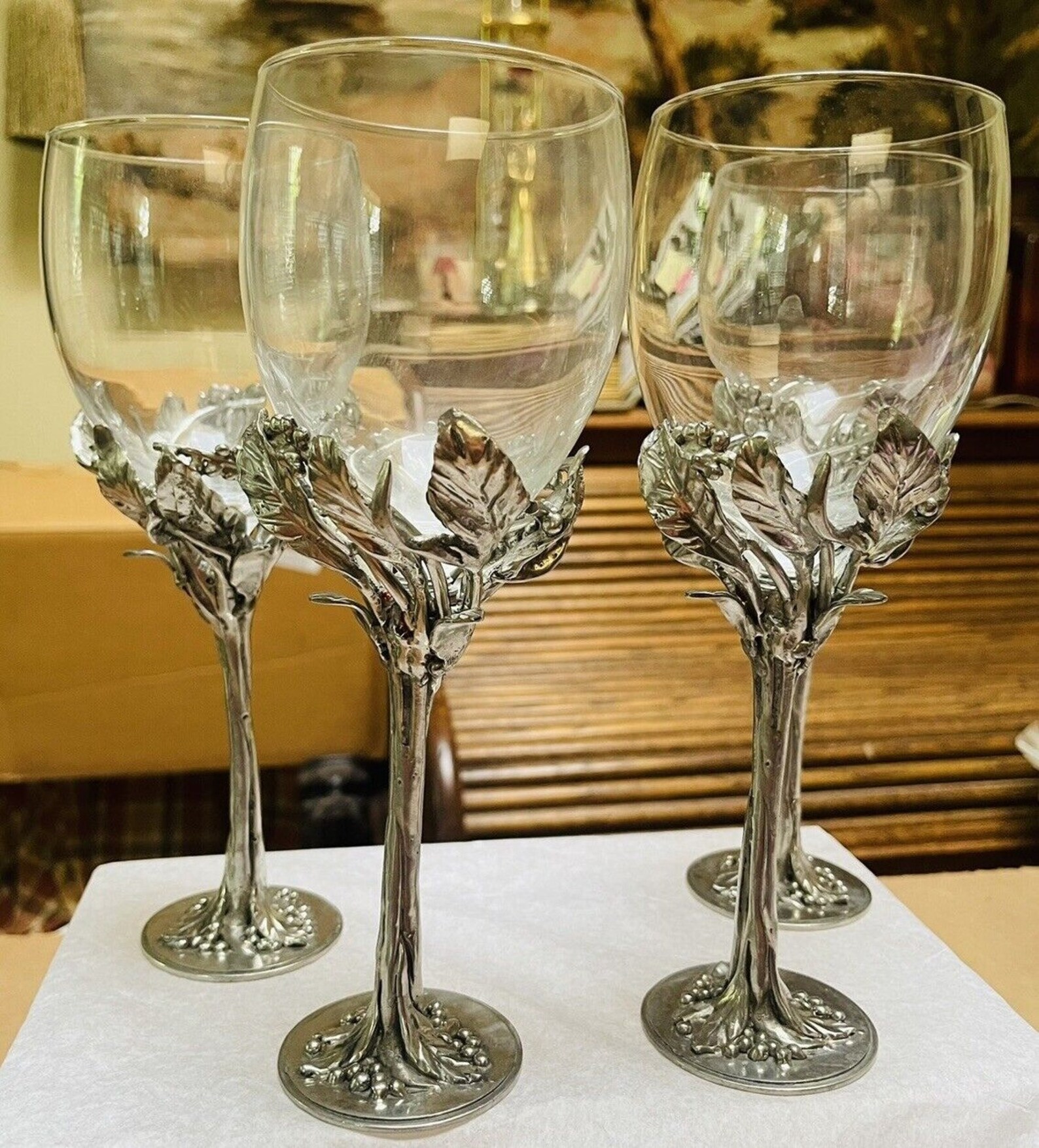 CASTOR COOPER Pewter Footed Stems Wine/water Crystal Glasses Set of 4 ...